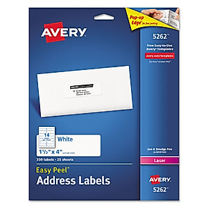 Avery 5262 Easy Peel Mailing Address Labels, Laser, 1-1/3 x 4, White, 350/Pack