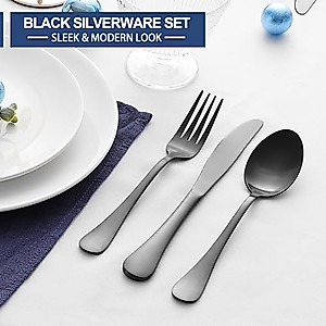 E-far 24-Piece Black Silverware Set with Steak Knives, Stainless Steel Flatware Cutlery Set for 4, Matte Black Metal Eating Utensils Sets Include Forks and Spoons Knife, Modern Design & Rust Proof