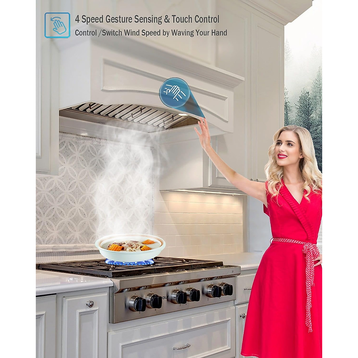 MCBON 42 Inch Range Hood Insert, 950 CFM Range Hood Insert 42 Inch with Remote,4-Speed Insert Range Hood, Gesture Sensing Vent Hood Insert, Touch Panel Hood Range Insert, Built In Range Hood,AE88-42-1