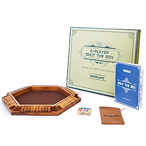 Vamslove Shut The Box Dice Game Wooden Board (L15 x W13) for 1 2 3 4 5 6 Player, 6 Sided 10 Numbers Math Games with 16 Dices for Kids Adults(Instructions Included)