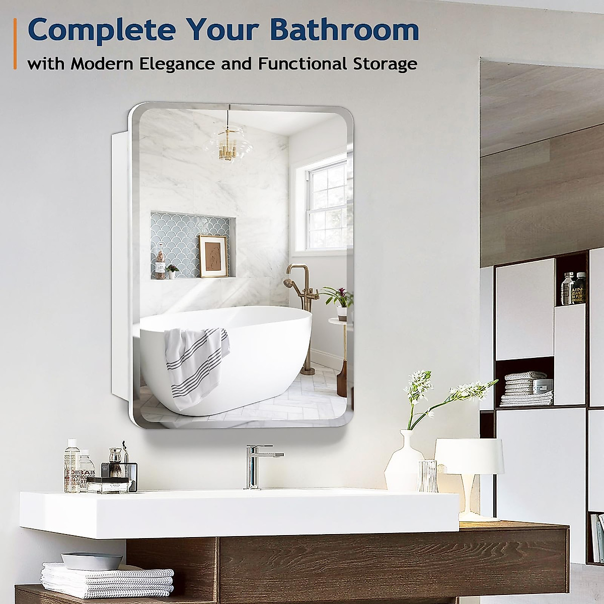 Jesantab White Medicine Cabinet Mirror for Bathroom, 20x30 Inch Recessed Medicine Cabinet or Surface Mount, Frameless Beveled Bathroom Mirror with Storage Modern Farmhouse