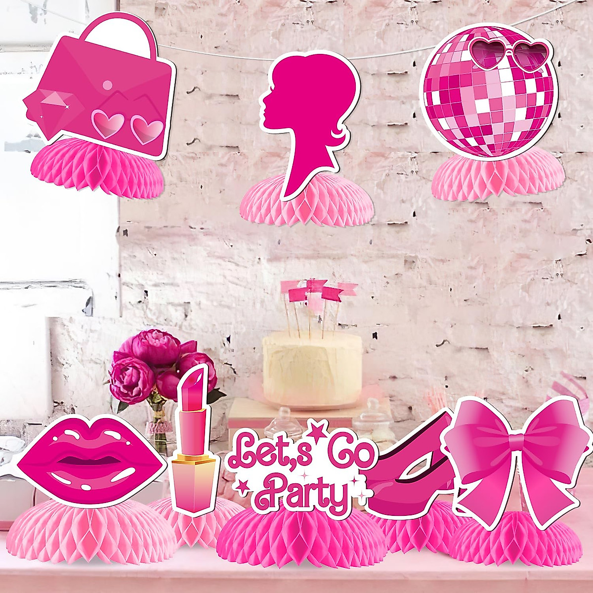 Come on Let's Go Party Honeycomb Centerpieces Hot Pink Princess Doll Honeycomb Cosmetic Lipstick Bow Table Decorations for Girls Doll Theme Bachelorette Party Birthday Bridal Shower Party Supplies