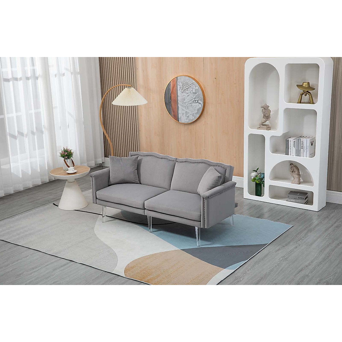 TMEOSK Convertible Futon Sleeper Sofa Bed with 2 Pillows and Armrest, Mid Century Modern Velvet Loveseat Adjustable Couch for Living Room Office Compact Small Space (Gray)