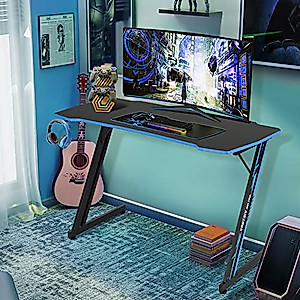 HKLGorg Gaming Desk 47 Inch Computer Desk Gaming Table Writing Table Modern Ergonomic Racing Style Home Office Desk Workstation Carbon Fiber Headphone Hook-Blue