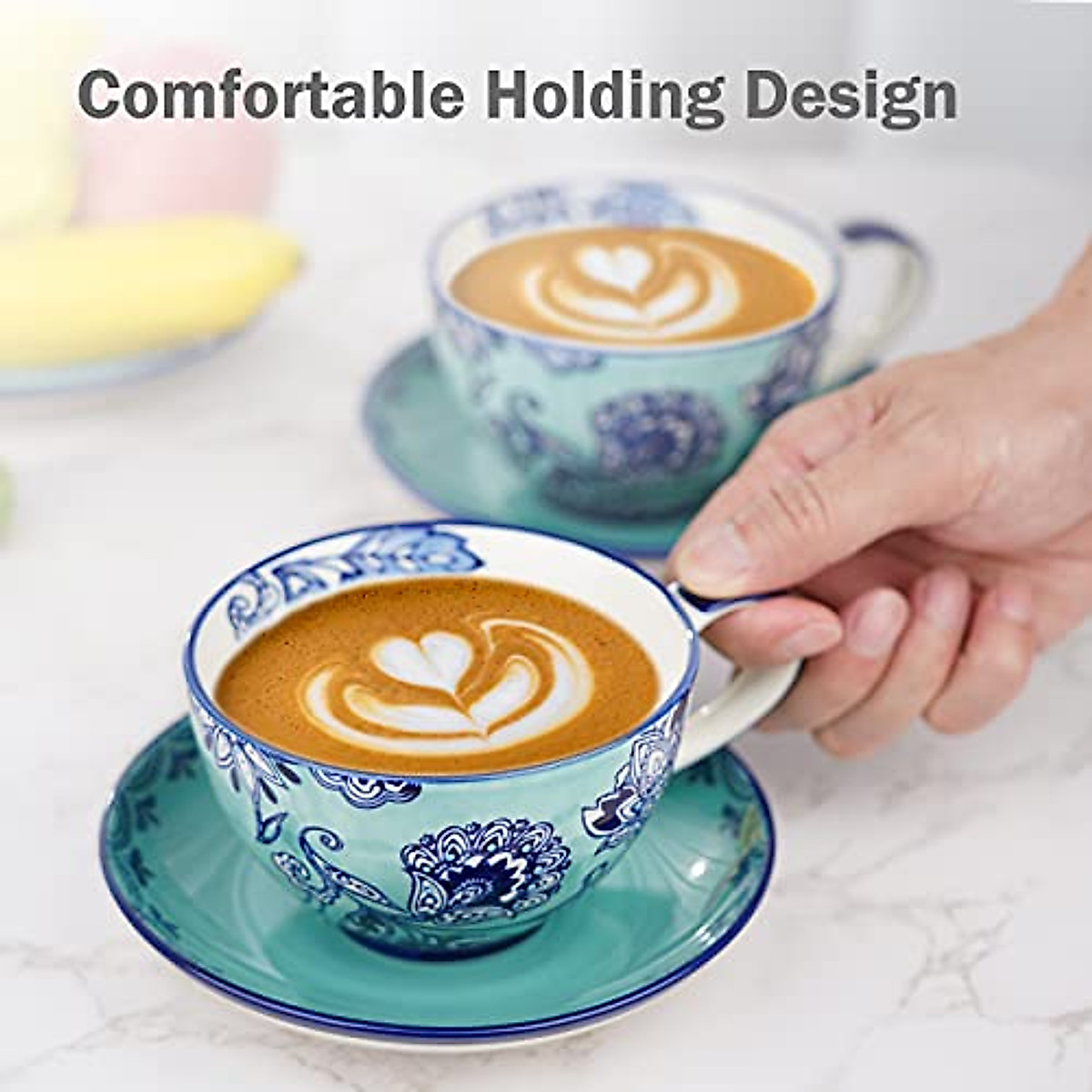 Taimei Teatime Ceramic Coffee Cups and Saucers,10.8oz Tea Mugs with Plates of 2, Green Handpainted Floral Large Tea Mugs for Tea, Cappuccino, Latte or Americano