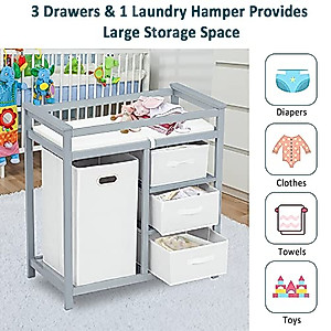 FIZZEEY Changing Table - Baby Changing Table, Diaper Changing Table, Changing Table Station Dresser with Laundry Hamper, 3 Drawer Basket and Changing Pad, Grey