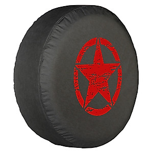 Boomerang - 32" Distressed Star - Spare Tire Cover - (Black Denim Vinyl) for Jeep Wrangler JK (2007-2018) - Red (Bright) Print - Made in The USA