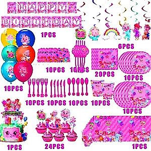 Pink Cartoon Party Decorations, Pink Cartoon Party Supplies Pack Flatware, Banner, Plates, Cups, Napkins, Cake Topper, Tablecloth, Balloons Birthday Party Favor Pack Set for Boy and Girl