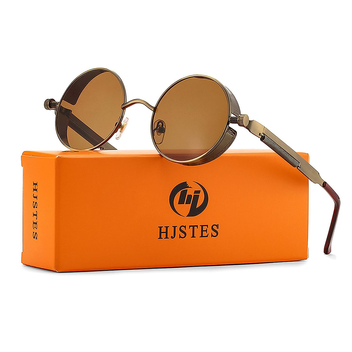 HJSTES Vintage Round Steampunk Sunglasses for Women Men Circle Gothic Glasses Retro Metal Frame(Brown Lens/Bronze Frame)