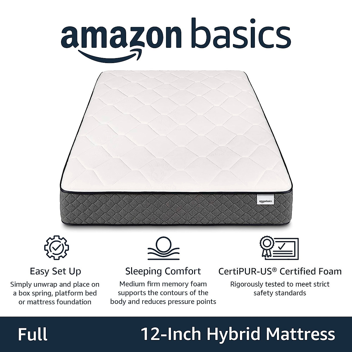 Amazon Basics Memory Foam Mattress, Full Size Mattress, Hybrid, 12 Inch, Medium Feel, Motion Isolation Springs, White/Gray