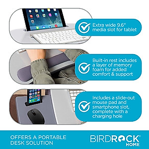 SOFIA + SAM Multi-Tasking Lap Desk with Memory Foam Cushion & Wrist Rest - Portable Computer Bed Tray - Fits Laptops Up to 15", Tablets Up to 9.6", Smartphones Up to 3.5" - Silver