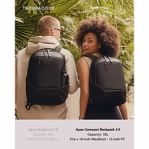 Troubadour Apex Compact Backpack 3.0 - Premium Waterproof Laptop Backpack Fits Up to 16" - Ergonomic Design for Work and Travel - Stylish Compact Backpack with 5-Year Guarantee - Black