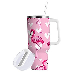 Burbuja Flamingos Standing on One Leg 40oz Insulated Tumblers with Handle and Straw Lid, Double Wall Stainless Steel Travel Mug Leak-Proof, BPA Free, Gift for Mom Dad