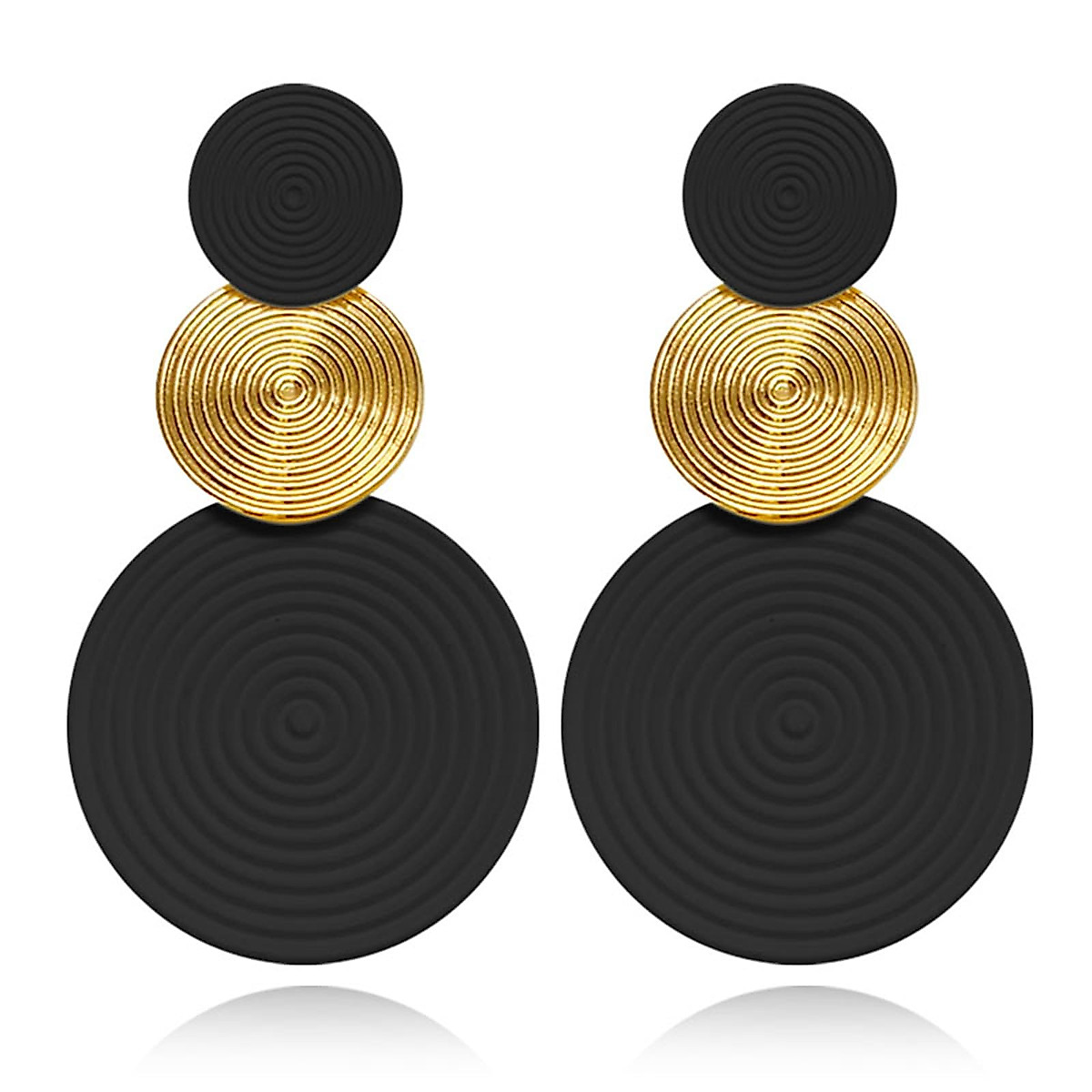 Retro 80s Neon Earrings Round Disc Dangle Drop Earrings for Women Lightweight Bohemia Statement Geometric Round Earrings Fashion Accessories 80s Jewelry Costume Party (Gold Black)