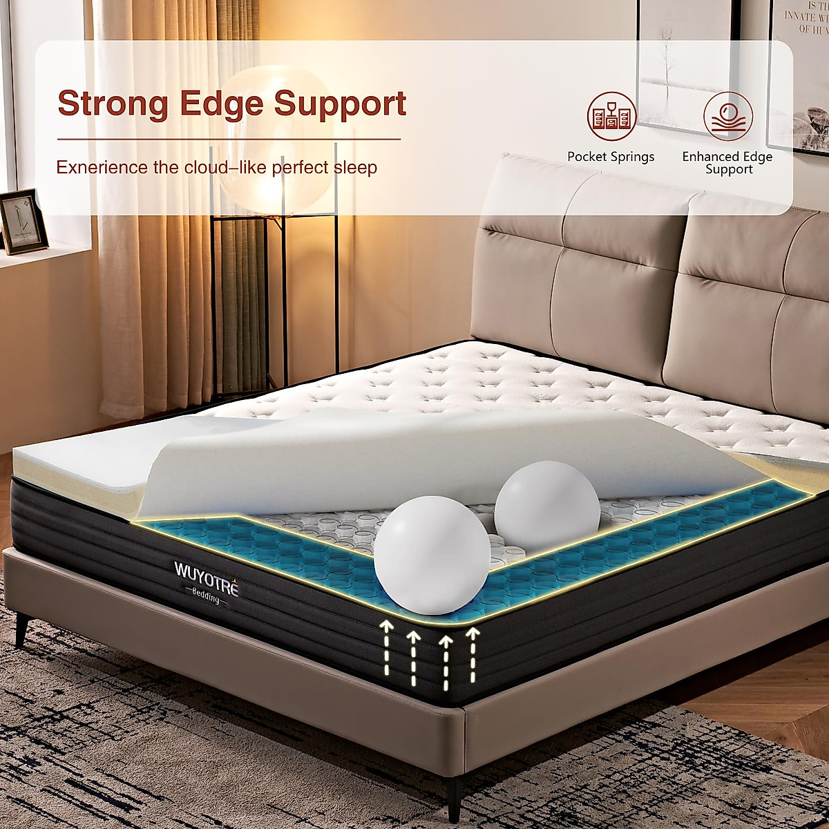 WUYOTRE Queen Mattress, 12 Inch Queen Size Hybrid Mattress in a Box,Cooling Memory Foam Bed Mattresses with Independent Spring,Soft and Breathable,Back Pain Relief,CertiPUR-US,Medium