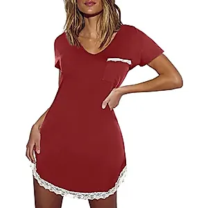 Ekouaer Womens Nightgown Womens Sleepwear Sexy V Neck Nightshirt Short Sleeve Sleepshirts withCurve Hem, Wine Red M