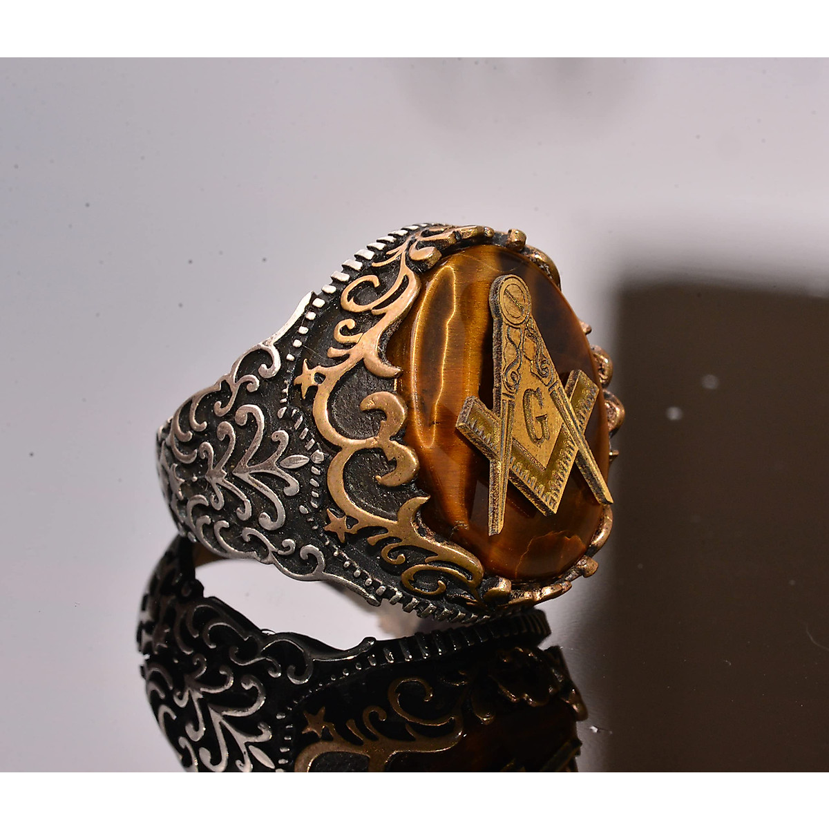 Men's Natural Tiger Eye Masonic Ring, 925 Sterling Silver, Handcrafted with Ornate Design