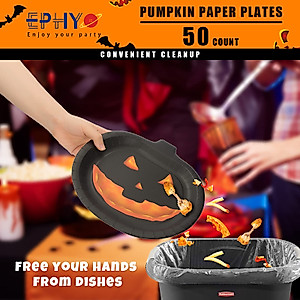 EPHYO 50Count Halloween Paper Plates 10.24 x 10in Disposable Party Supplies Black Pumpkin Dessert Dinner Birthday Party Decorations Cake Appetizer Cute Dinnerware Tableware for Kids