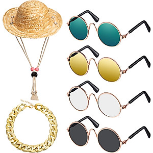 6 Pieces Pet Dog Cat Costume, Pet Sunglasses and Summer Pet Straw Hat with Faux Gold Chain Collar, Classic Funny Pet Accessories for Pet Cat Puppy Small Medium Dog Birthday Cosplay Party (Cute Style)