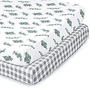 The Peanutshell Fitted Pack n Play, Playard, Mini Crib Sheets for Baby Boys or Girls | Unisex 2 Pack Set | Farmhouse Floral & Grey Plaid