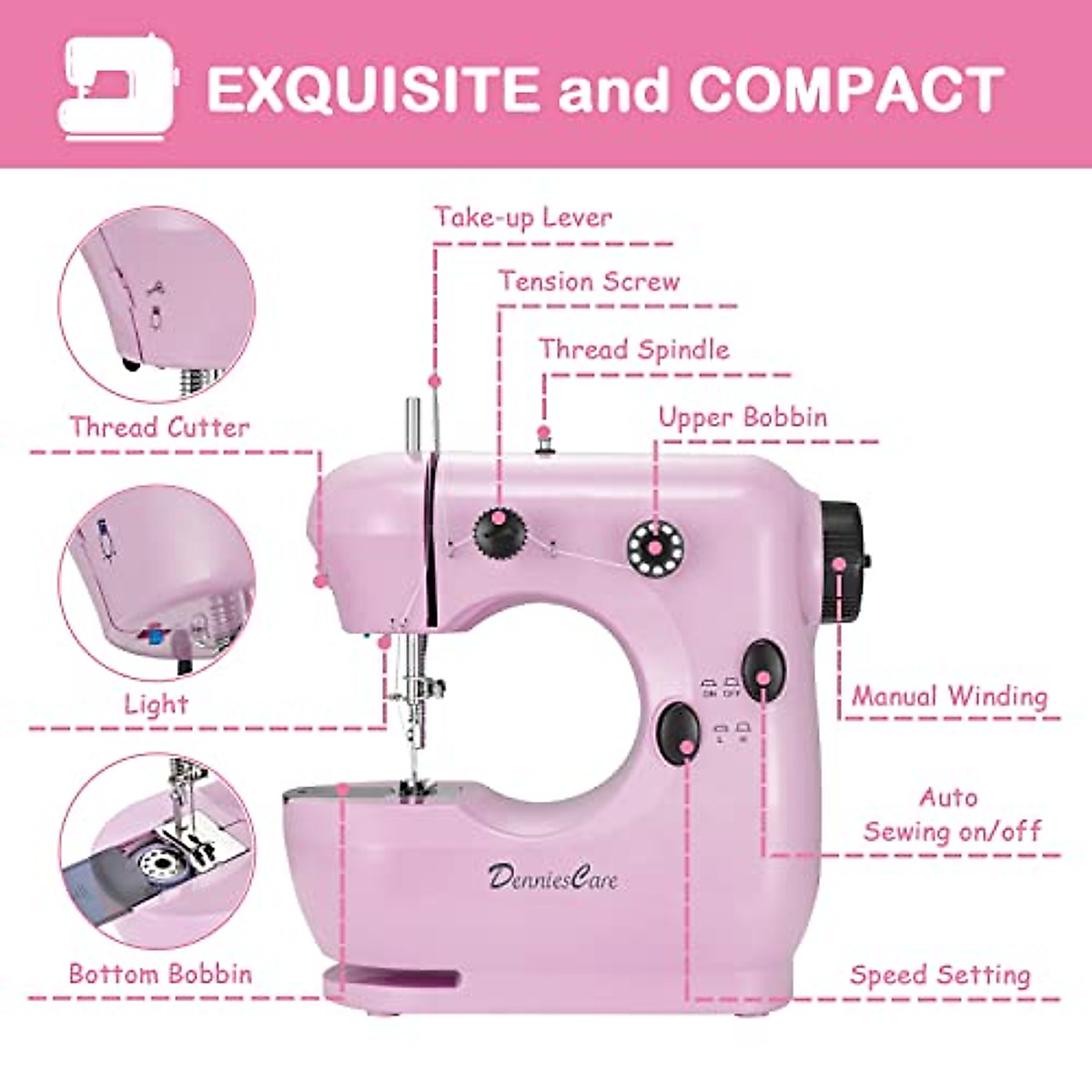 DenniesCare Mini Sewing Machine Handheld Sewing Machine for Beginners Sowing Machine with Extension Table Light Sewing Kit Sewing Products Cherry Blossom Pink