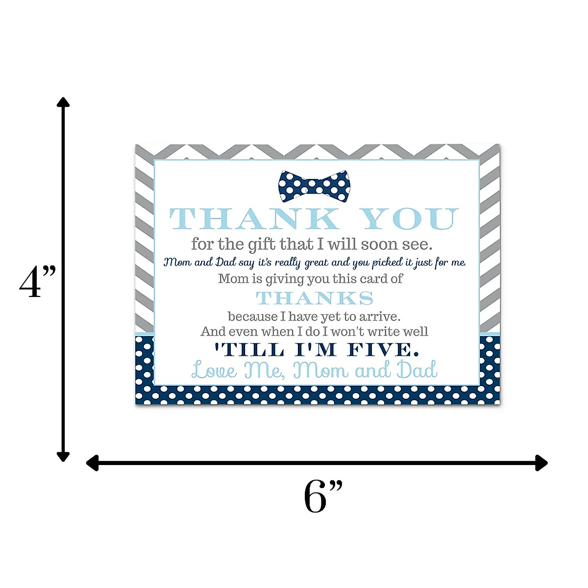 Paper Clever Party Bow Tie Baby Shower Thank You Postcards (15 Pack) Boys Notecards Only - Eco-friendly – Postal Note with Message from Newborn - Navy and Grey – Printed Size 4x6