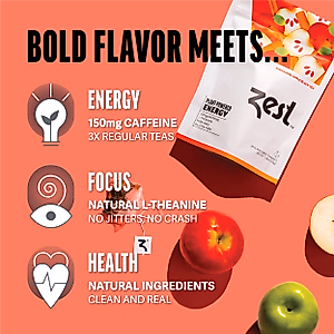 Zest 150mg High Caffeine Energy Leaf Blend - Cinnamon Apple Black Tea - 20 Pack Bag - All Natural Strong Flavored Healthy Coffee Alternative Highly Caffeinated Substitute - Perfect for Keto Diet