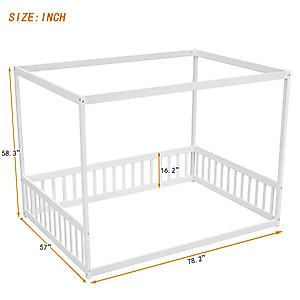 SOFTSEA Full Size Canopy Bed Frame, Floor Low Bed with Fence for Kids, Wood Bed Frame with Guardrails, No Box Spring Needed, Easy Assembly, Grey