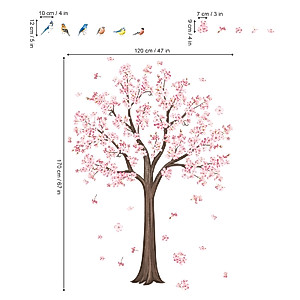 decalmile Large Pink Blossom Tree Wall Decals Flower Birds Branch Wall Stickers Living Room Bedroom Baby Nursery Wall Decor（H:128cm/50 Inches）