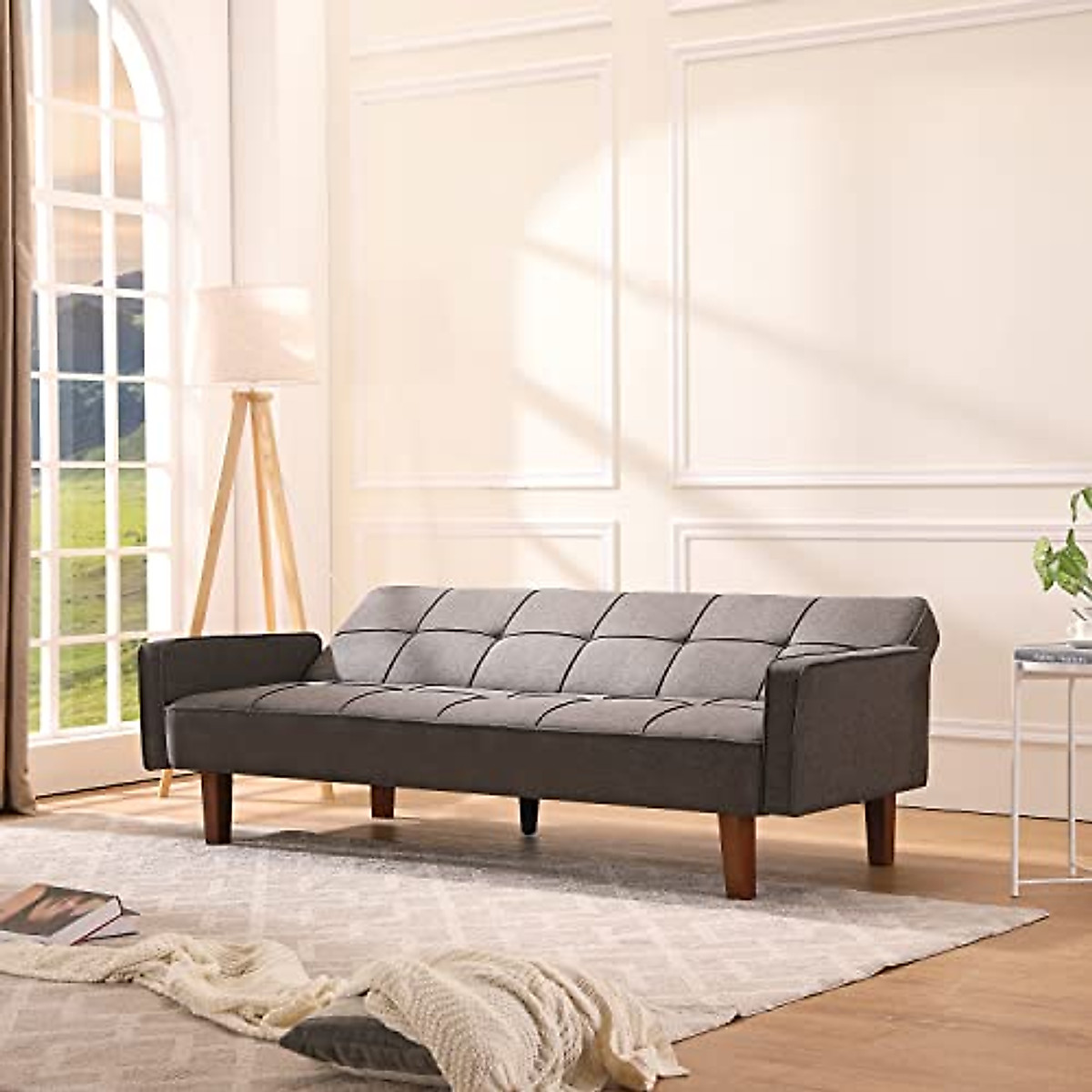 Anwickhomk 72" Convertible Folding Sofa Bed Futon,Modern Linen Fabric Sleeper Loveseat with 2 Pillows & Solid Wood Legs,Small Couch Bed Recliner Sofa for Living Room Apartment Office (Grey)