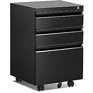 Black File Cabinet, 3 Drawer Mobile File Cabinet with Lock and Wheels, Under Desk Metal Filing Cabinet for Office，Lockable Rolling Cabinet with 2 Keys for Legal/Letter/A4 Size, Fully Assembled （A）