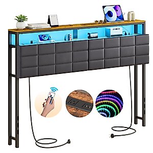 InHomFu Queen Headboard with Storage Shelf, Headboard Queensize Bed Frame with Outlets, USB Ports and LED Light, Upholstered Queen Size Headboard Height Adjustable, Stable Queen Headboard Only
