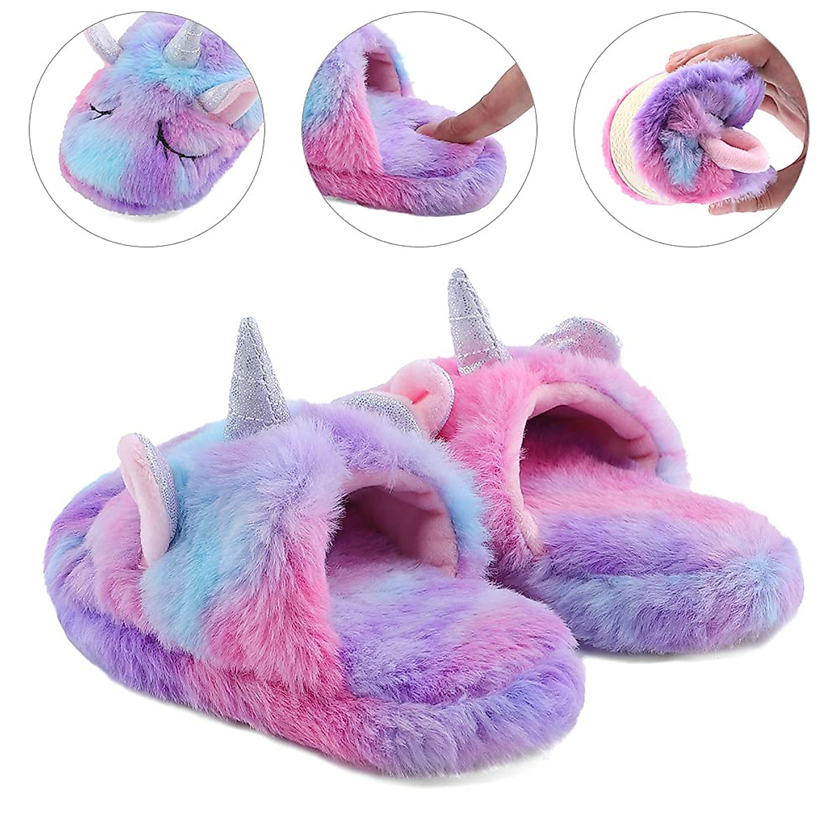 KAKU NANU Kids Slippers Fluffy Slippers Warm Rainbow Slippers Memory Foam Home Slides for Girls Boys(2.5-3.5 big kid)