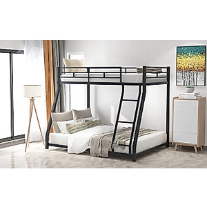 DreamBuck Metal Bunk Bed Twin Over Full, Heavy Duty Bunk Bed with Ladder & Safety Guardrail, Floor Bunk Bed for Kids Adults, Space-Saving, No Box Spring Needed,Black