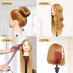 MEIBR Mannequin Head 100% Real Hair Styling Training Head 24-27inch Manikin Cosmetology Hairdressing Doll Head With Free Clamp Female+Braid Set (27#)