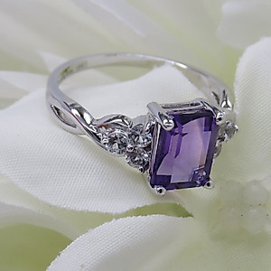 Dazzlingrock Collection 8X6 MM Emerald Cut Amethyst & Round White Sapphire Halo Engagement Ring for Her in 18K White Gold, Size 7.5
