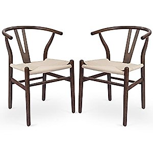 LETRA Wishbone Chairs Set of 2, Ash Wood Wishbone Dining Chair with Y Backrests Woven Paper Cord Seats, Mid Century Modern Chairs for Dining Room Fully-Assembled, Wooden Dining Chairs, Walnut