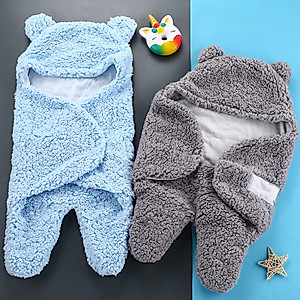 Tatuo 2 Set Newborn Plush Swaddle Blankets Cute Swaddle Hooded Swaddle Blanket Baby Boys Girls Receiving Hooded Sleeping Bag Infant Sleep Swaddling (Blue, Gray)