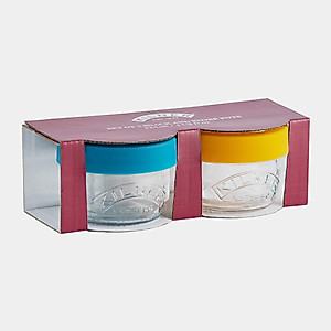 Kilner 0.125L Set of 2 Glass Store Pots 125ml with Push Top Silicone Lids | Perfect for Snacks & Food Storage, Clear, Blue and Yellow
