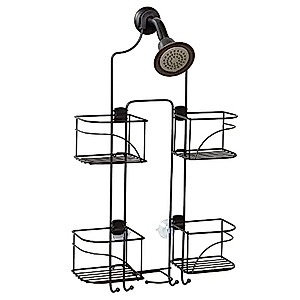 Zenna Home Hanging Shower Caddy, Over the Shower Head Bathroom Storage, Made for Handheld Shower Hoses, Rust Resistant, No Drilling, Expandable Organizer with 4 Baskets, Razor Holders, Hooks, Bronze