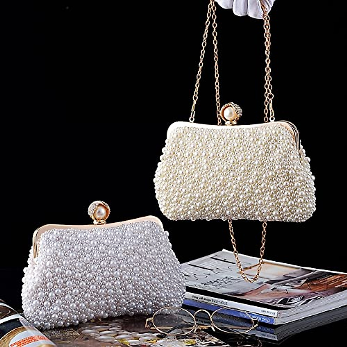ASPHODELCHIC Women Pearl Evening Bag Bride Beaded Clutch Purse Cream White for Wedding Party (Ivory white) Small