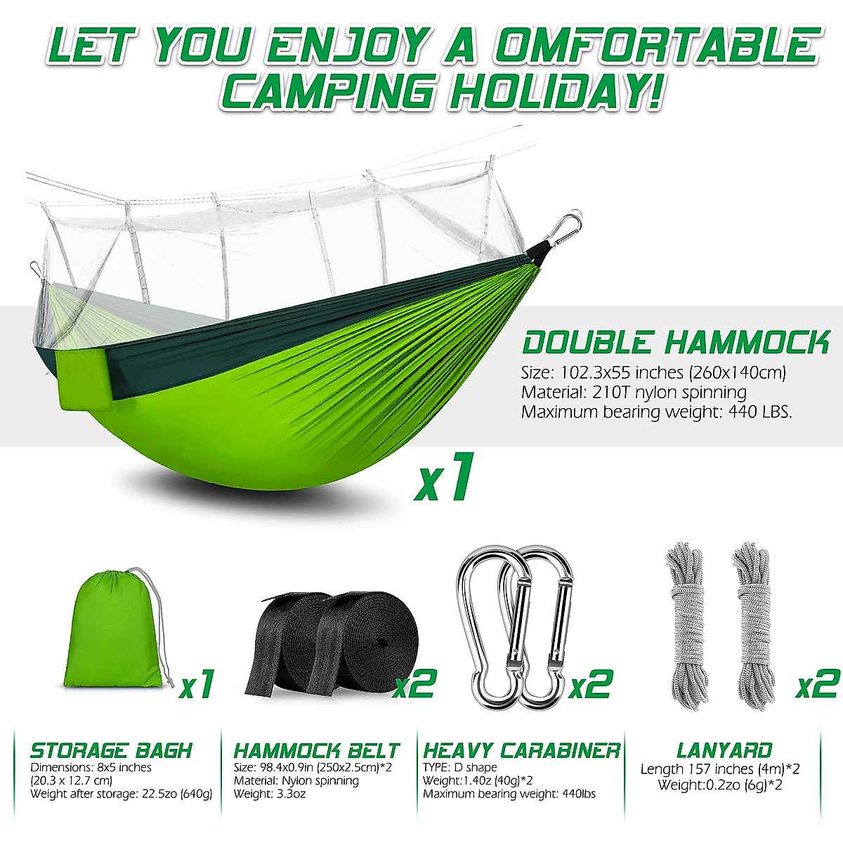 Rusee Camping Hammock with Net Outdoor Hammock Travel Bed Lightweight Parachute Fabric Double Hammock for Tree, Camping, Hiking, Backpacking, Backyard (Green + Dark Green)