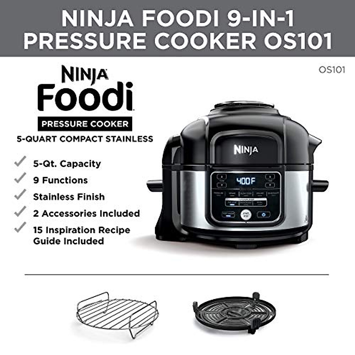 Ninja OS101 Foodi 9-in-1 Pressure Cooker and Air Fryer with Nesting Broil Rack, 5-Quart Capacity, and a Stainless Steel Finish (Renewed)