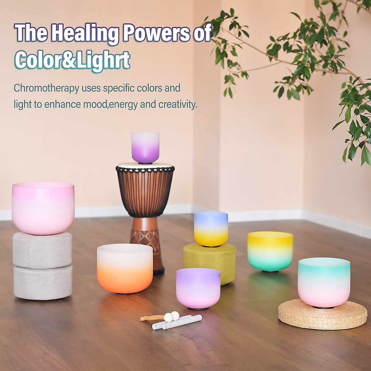 440HZ 6''-12'' Set of 7 PCS Quartz Color Crystal Singing Bowls Sound Healing Meditation