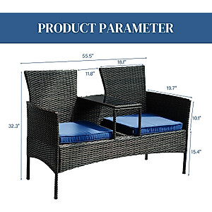 TINKLE WELL Wicker Outdoor Loveseat Modern Rattan 2-Seat Patio Conversation Set with Cushions & Built-in Coffee Table Porch Furniture for Garden Lawn Backyard, Black