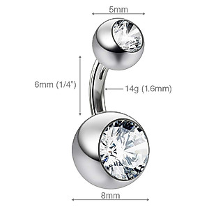 2pc 14g Crystal Cubic Zirconia Gem Double Belly Button Ring Navel 6mm Shallow Piercings