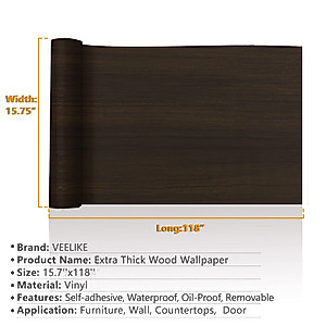 VEELIKE 15.7''x118'' Dark Wood Wallpaper Peel and Stick Removable Waterproof Wood Grain Contact Paper Self Adhesive Decorative Wood Vinyl Wrap for Cabinets Countertops Furniture Shelves Drawer Liners