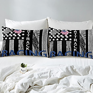 Erosebridal American Flag Sheet Set,Dirt Racing Track Bed Sheets Queen for Kids Boys Teens,Black White Grunge Star Stripe Bedding Set,Grunge Extreme Sports Fitted Sheet + Flat Sheet + 2 Pillowcases