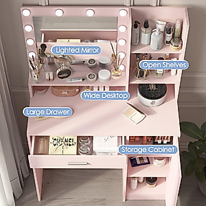 Vanity Desk with Mirror & Light, Large Drawer & Three Level Storage Dresser, 3 Lighting Modes Adjustable Brightness, Bedroom Dressing Table (Pink)