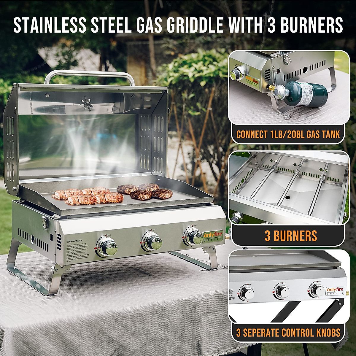 Onlyfire Flat Top Gas Griddle with Foldable Legs, 3-Burner Stainless Steel Propane Gas Grill Griddle, 24” Portable Tabletop Griddle for Outdoor Cooking Camping Tailgating RV, 24000 BTU, GS309